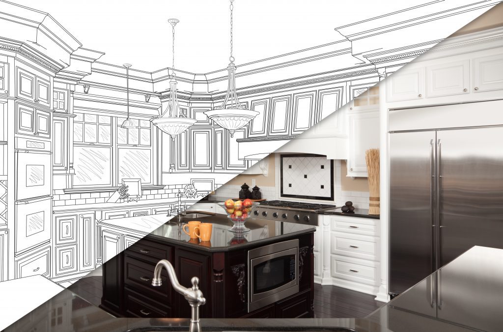 Diagonal Split Screen Of Drawing and Photo of Beautiful New Kitchen ...
